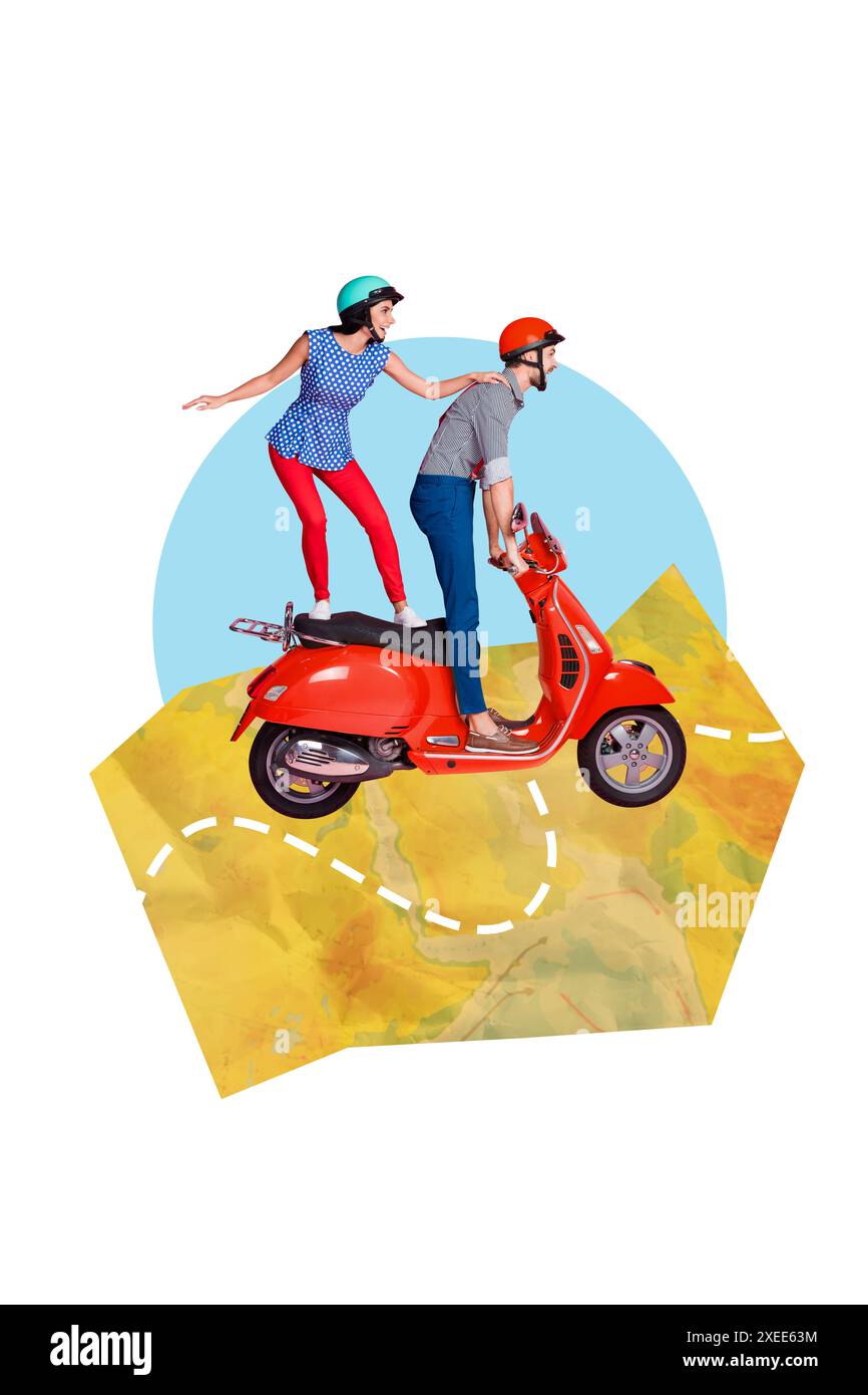 Vertical photo collage of happy girl guy ride vespa bike summer trip ...