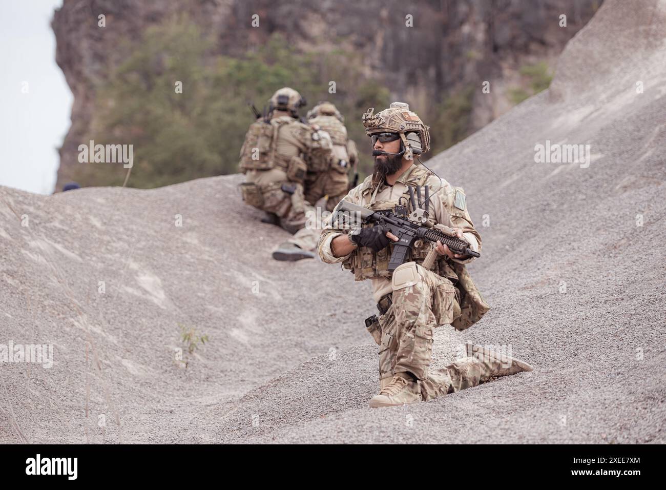 Soldiers in camouflage military uniforms carrying weapons ...