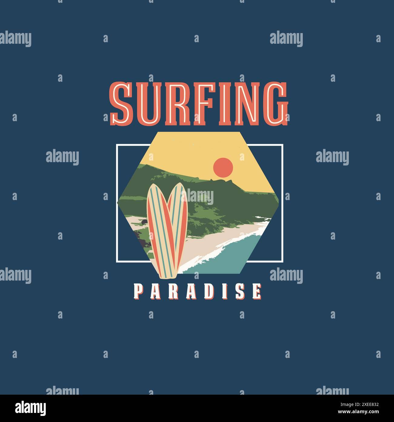 Surfing Paradise vintage summer surf board poster design graphic tee ...
