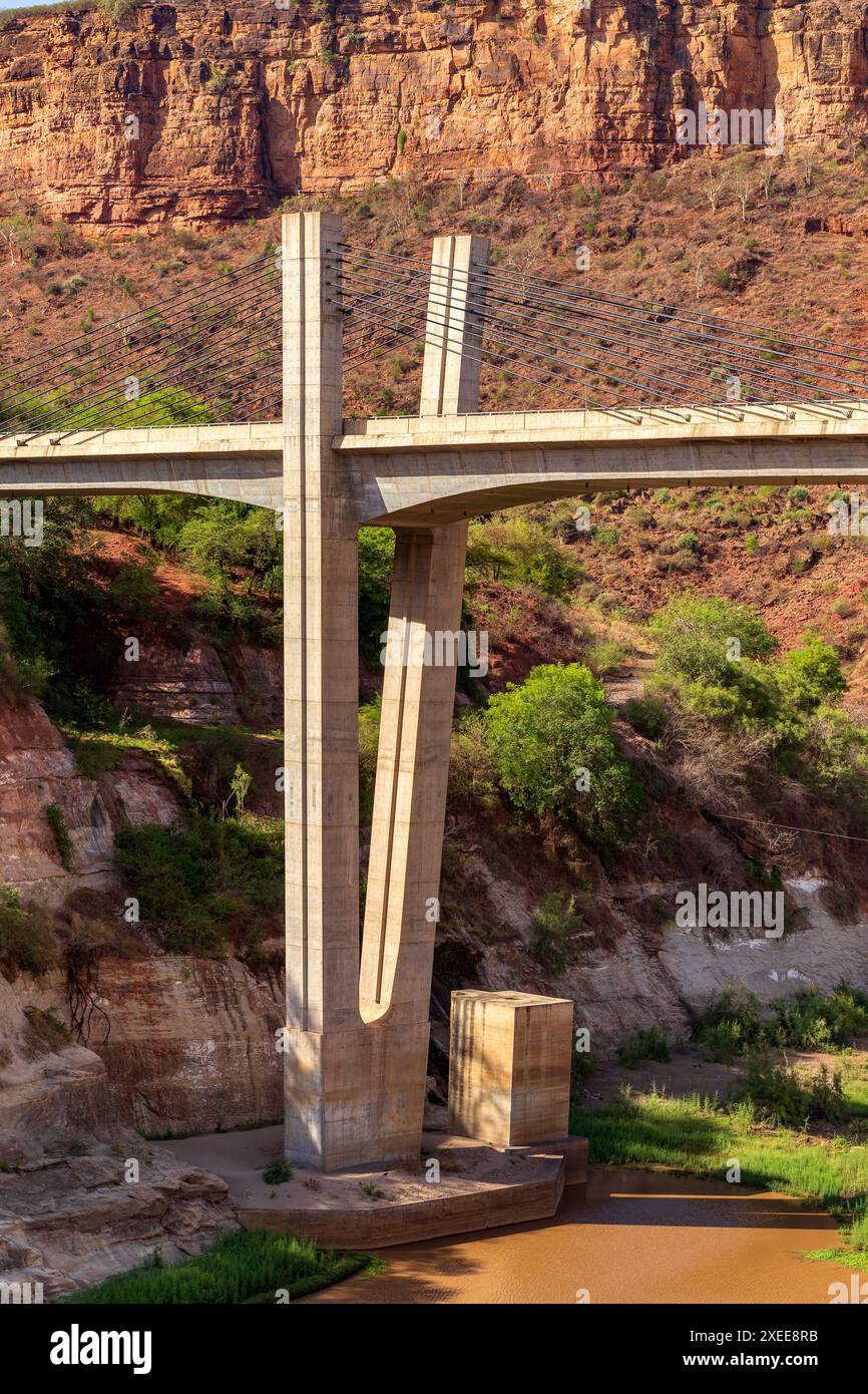 View to the valley with new bridge across mountain river Blue Nile near ...