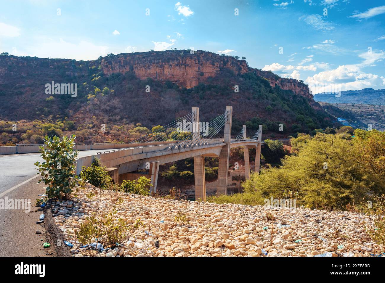 View to the valley with new bridge across mountain river Blue Nile near ...
