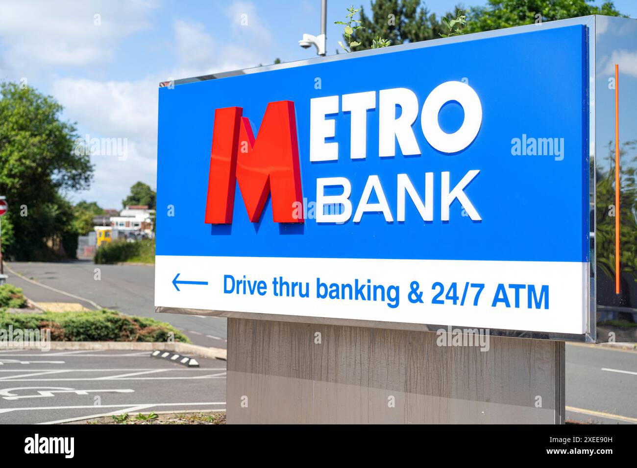 Close up of a Metro Bank drive thru banking sign in bright sunny ...