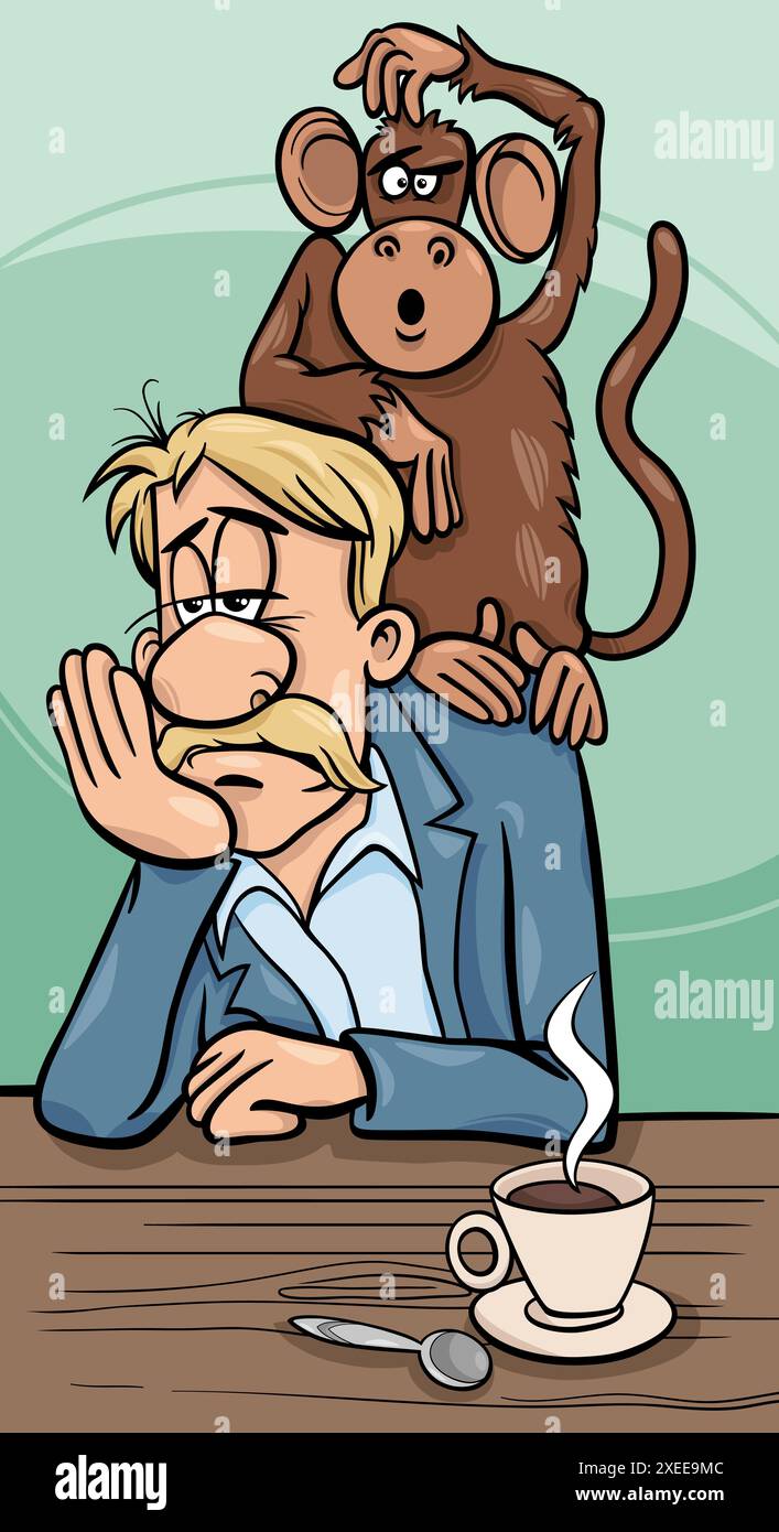 Monkey on your back cartoon concept illustration Stock Photo - Alamy