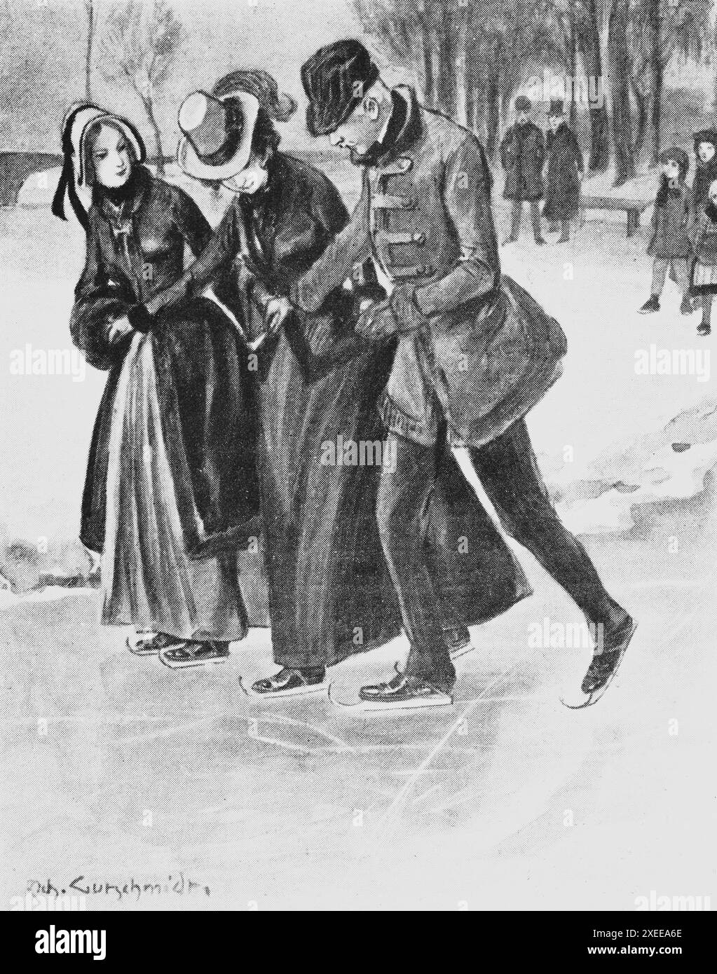 Ice-skating on a wonderful winter day, two ladies and a gentleman ...