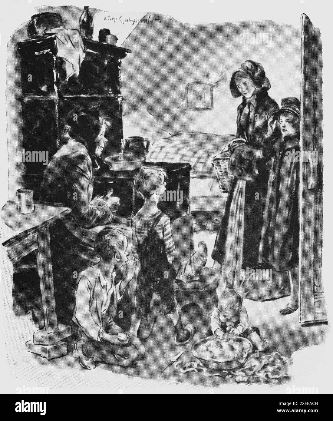 Young lady and her daughter visiting an old, ill woman and her children ...