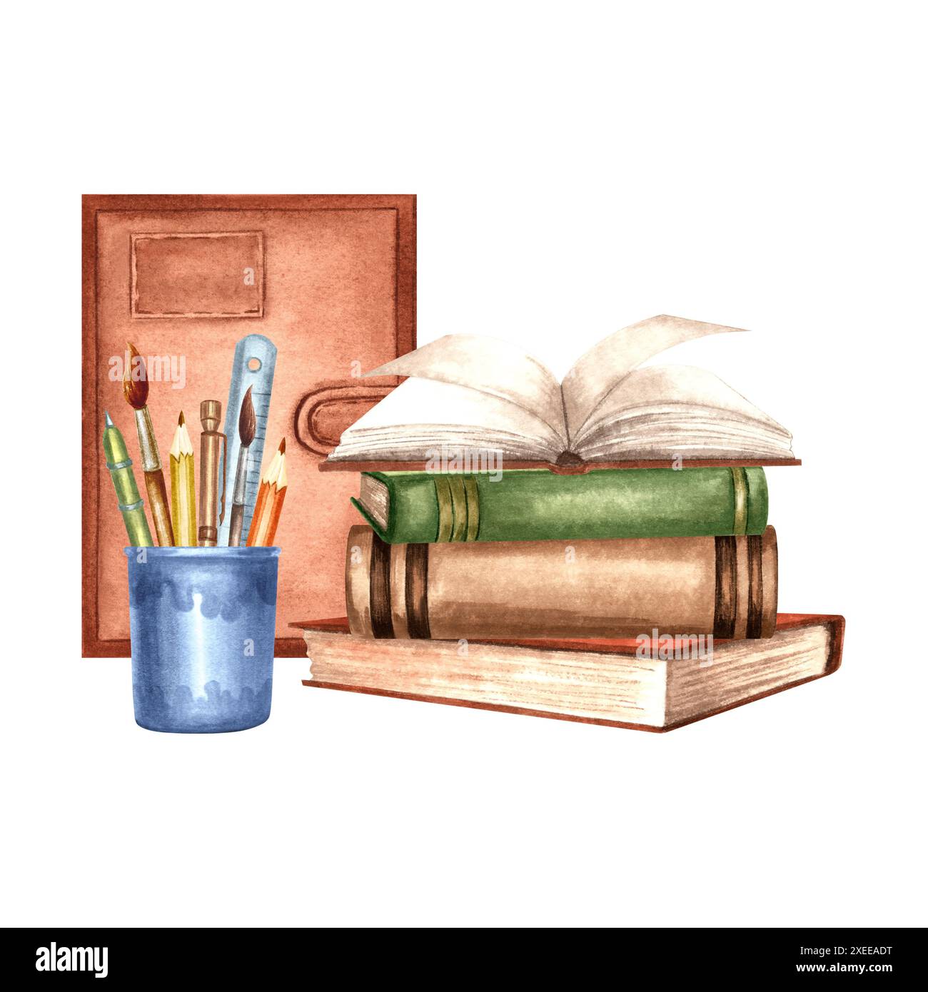 Books stack and stationery in plastic cup. Composition with Notebook ...