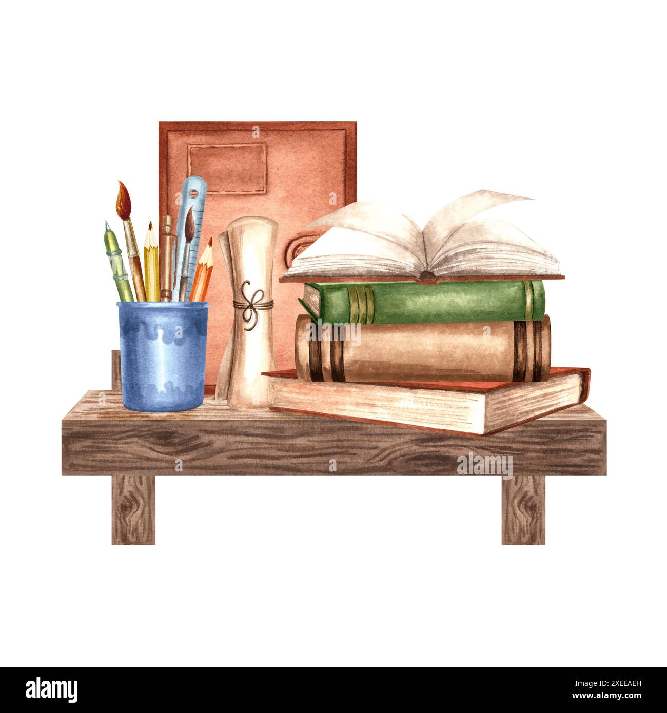 Books stack and writing utensils on bookshelf. Composition with ...