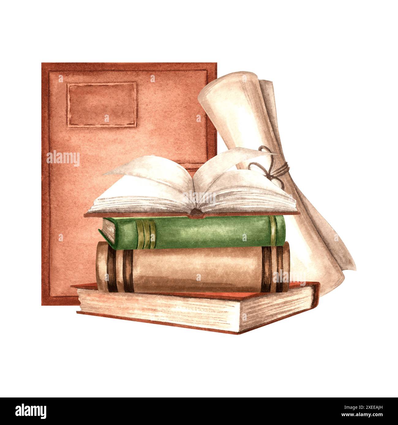 Books stack and Notebook with papyrus scroll. Composition with old ...