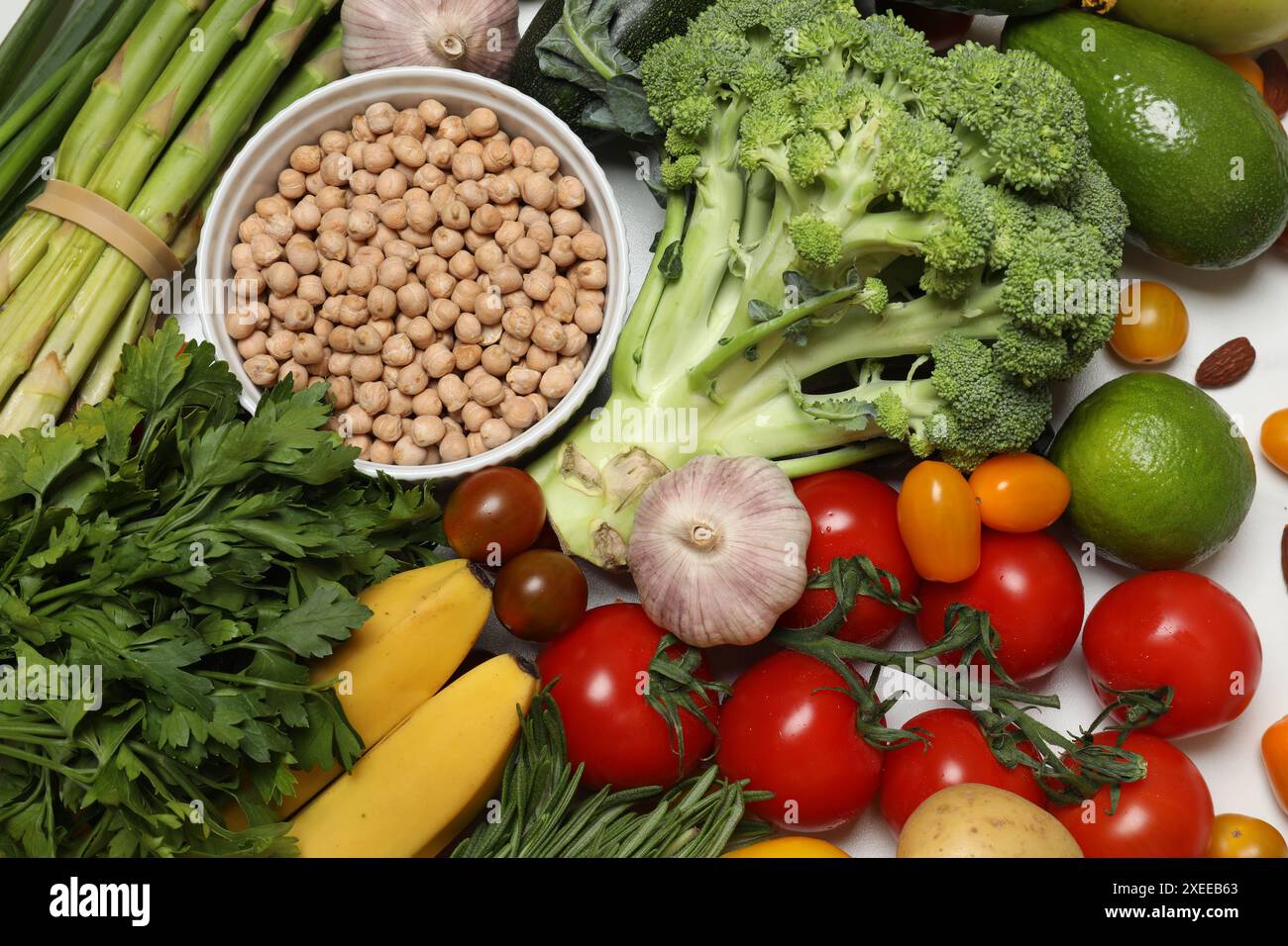 Source of protein for vegetarians. Different fresh vegetables, fruits ...