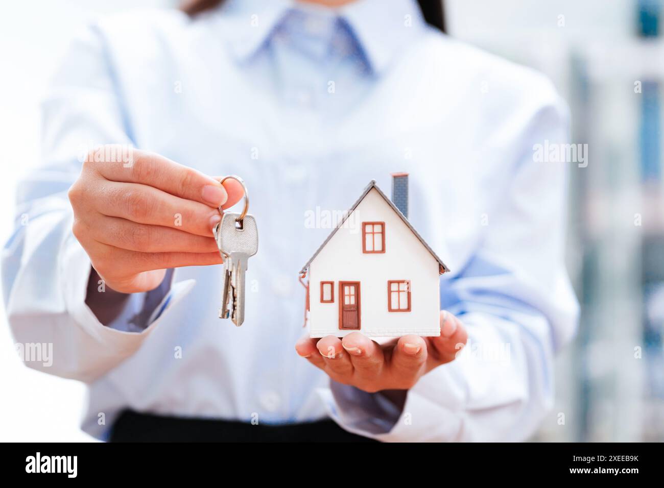 Estate agent offers house keys and model home, illustrating successful ...
