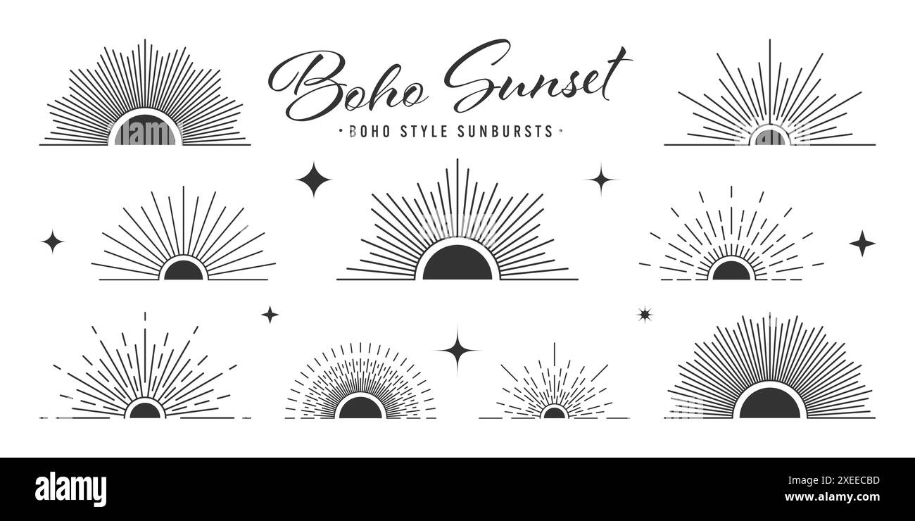 Vintage sunburst, sunset beams, half circle sunrise. Boho style, modern ...