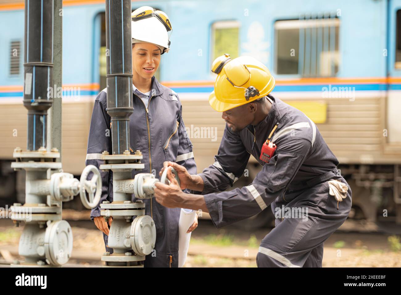 Railway technicians and engineers inspect is being done on the railway's oil and gas ...