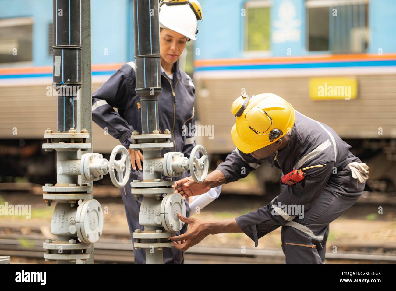 Railway technicians and engineers inspect is being done on the railway ...