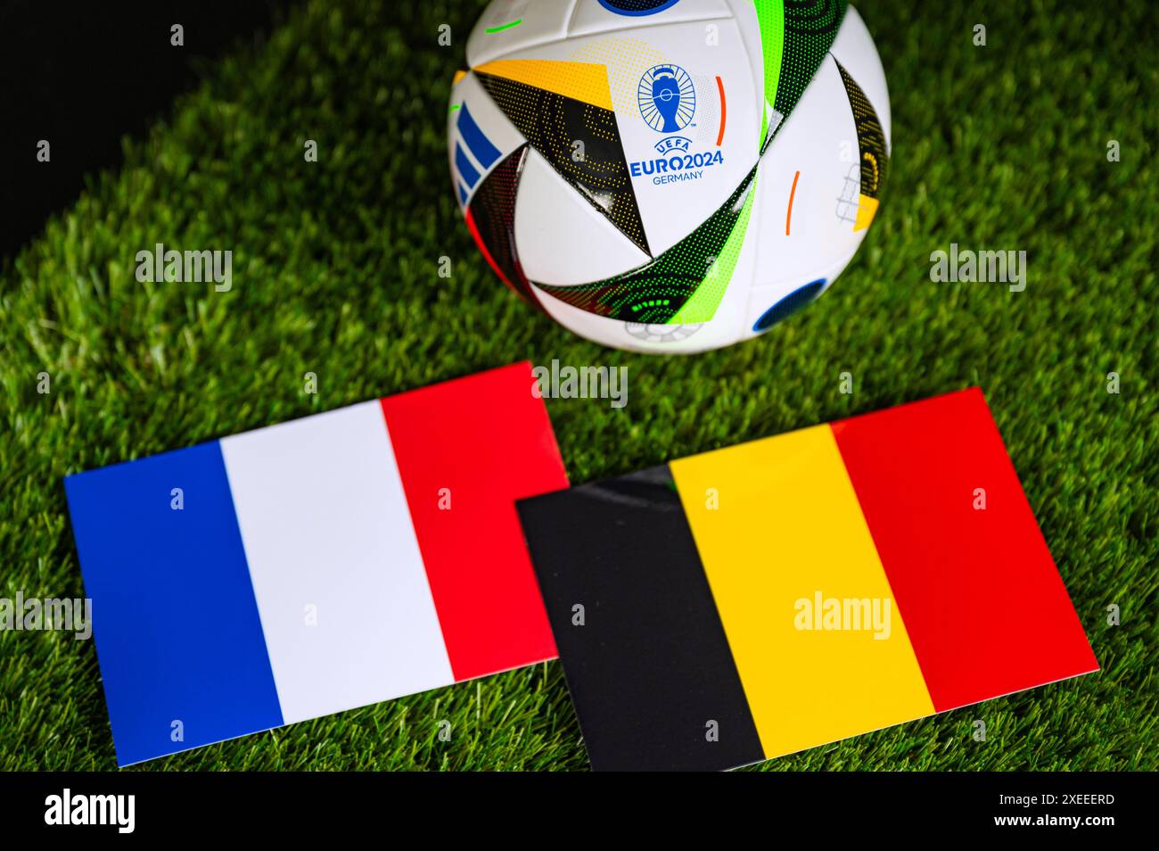 DÜSSELDORF, GERMANY, 27 JUNE 2024: France vs Belgium Euro 2024 Last of 16 football match, play ...