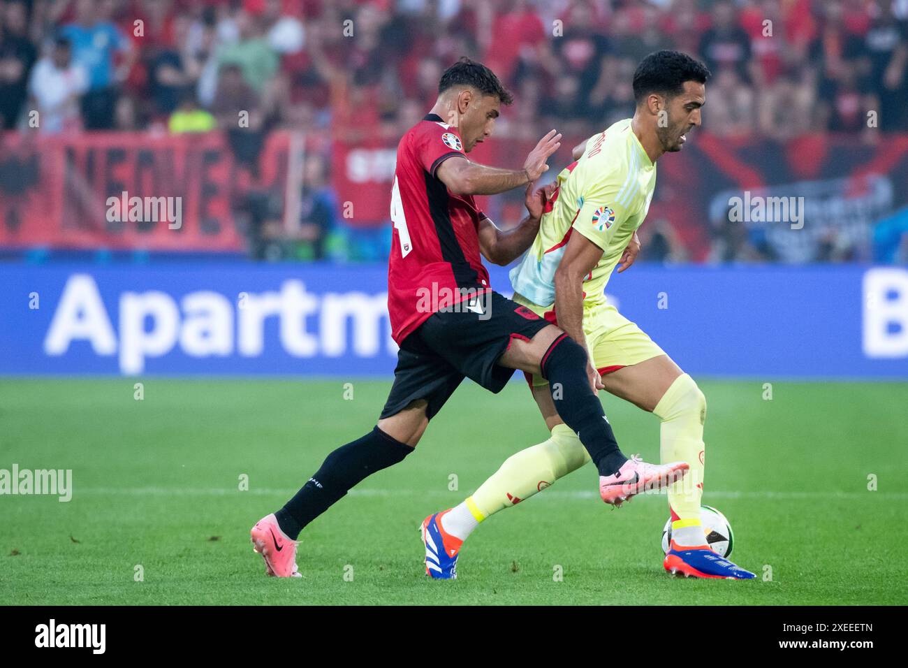 Mikel Merino (Spanien, #06) im Zweikampf mit Qazim Laci (Albanien, #14 ...