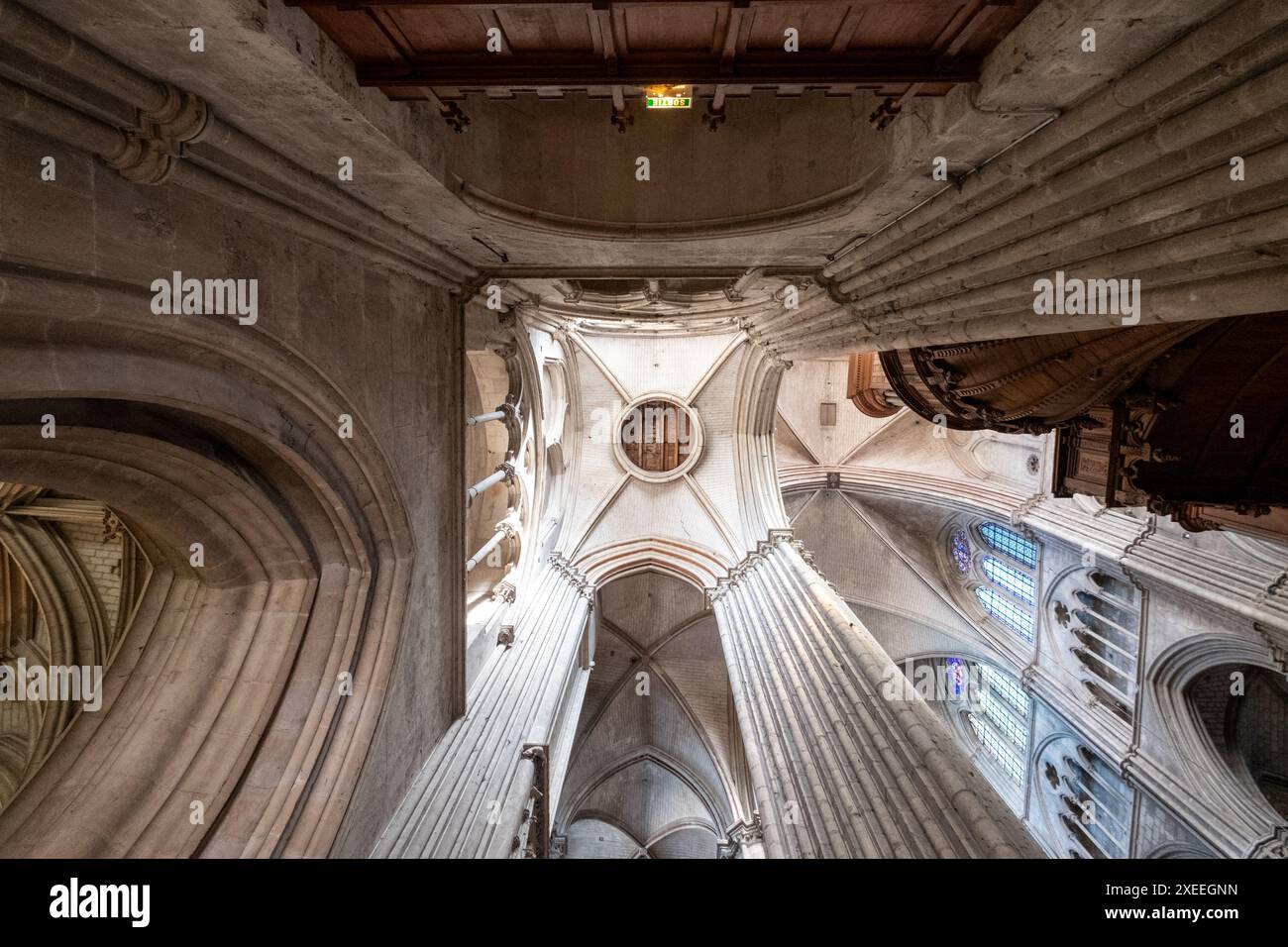 View looking upwards in the strikingly beautiful Bourges Cathedral of ...
