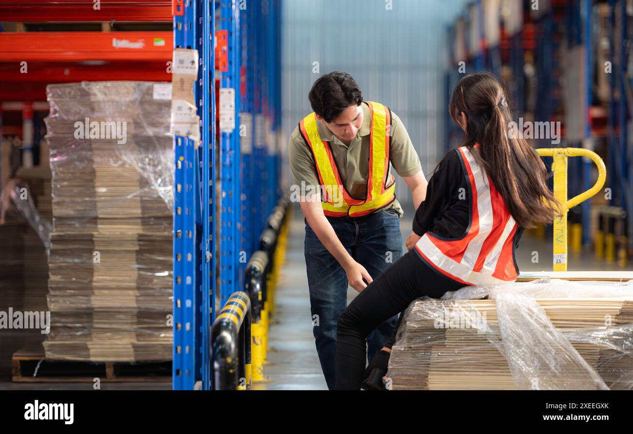 A warehouse employee suffered a leg accident at work Stock Photo - Alamy