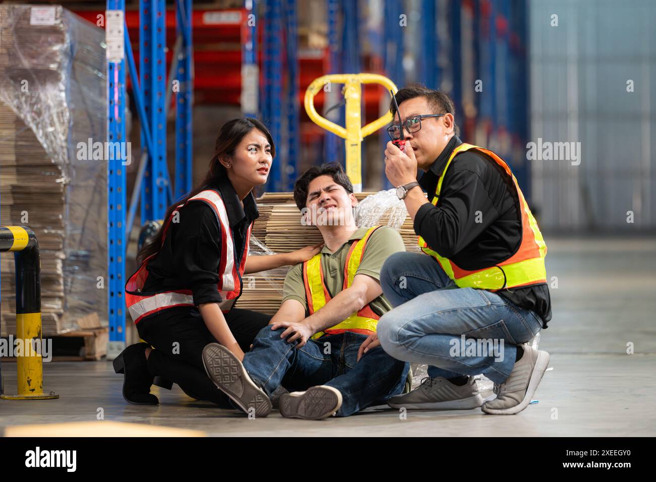 A warehouse employee suffered a leg accident at work Stock Photo - Alamy