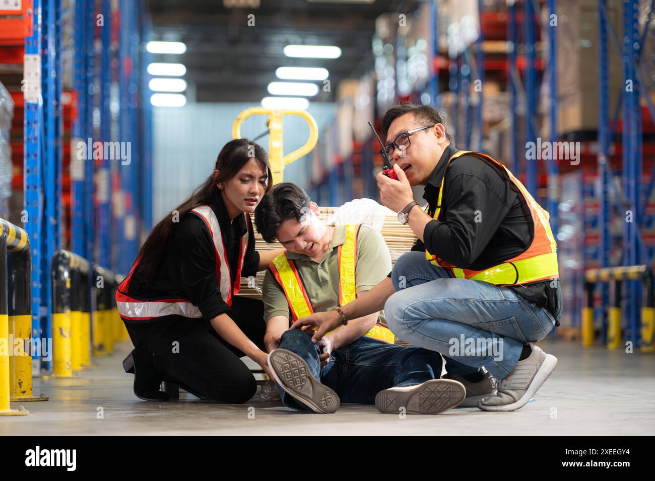 A warehouse employee suffered a leg accident at work Stock Photo - Alamy