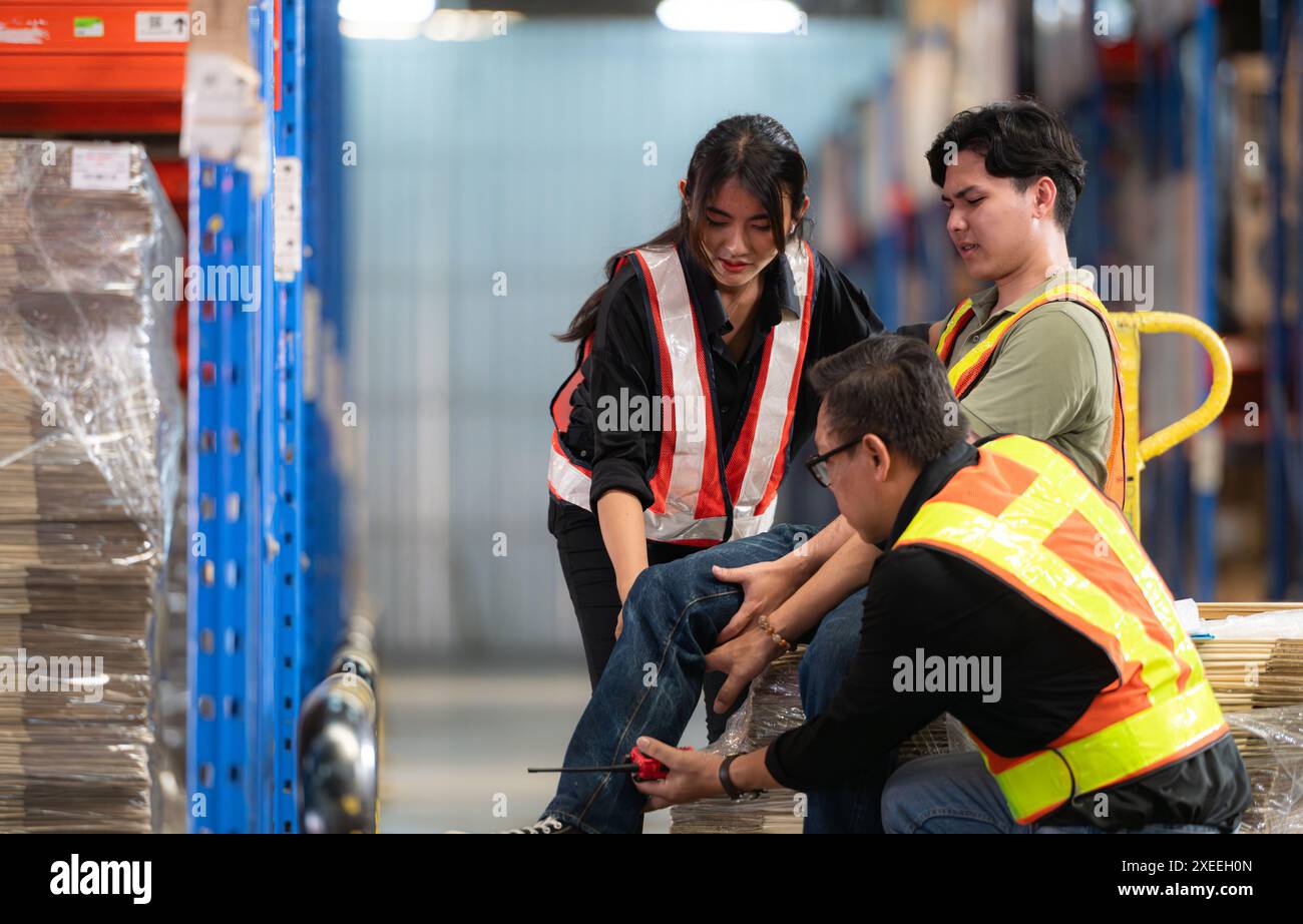 A warehouse employee suffered a leg accident at work Stock Photo - Alamy