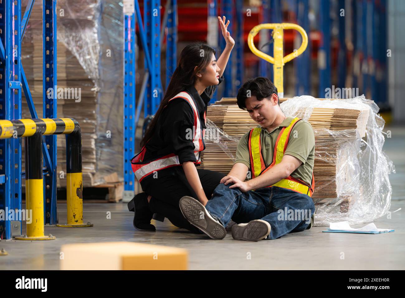 A warehouse employee suffered a leg accident at work Stock Photo - Alamy
