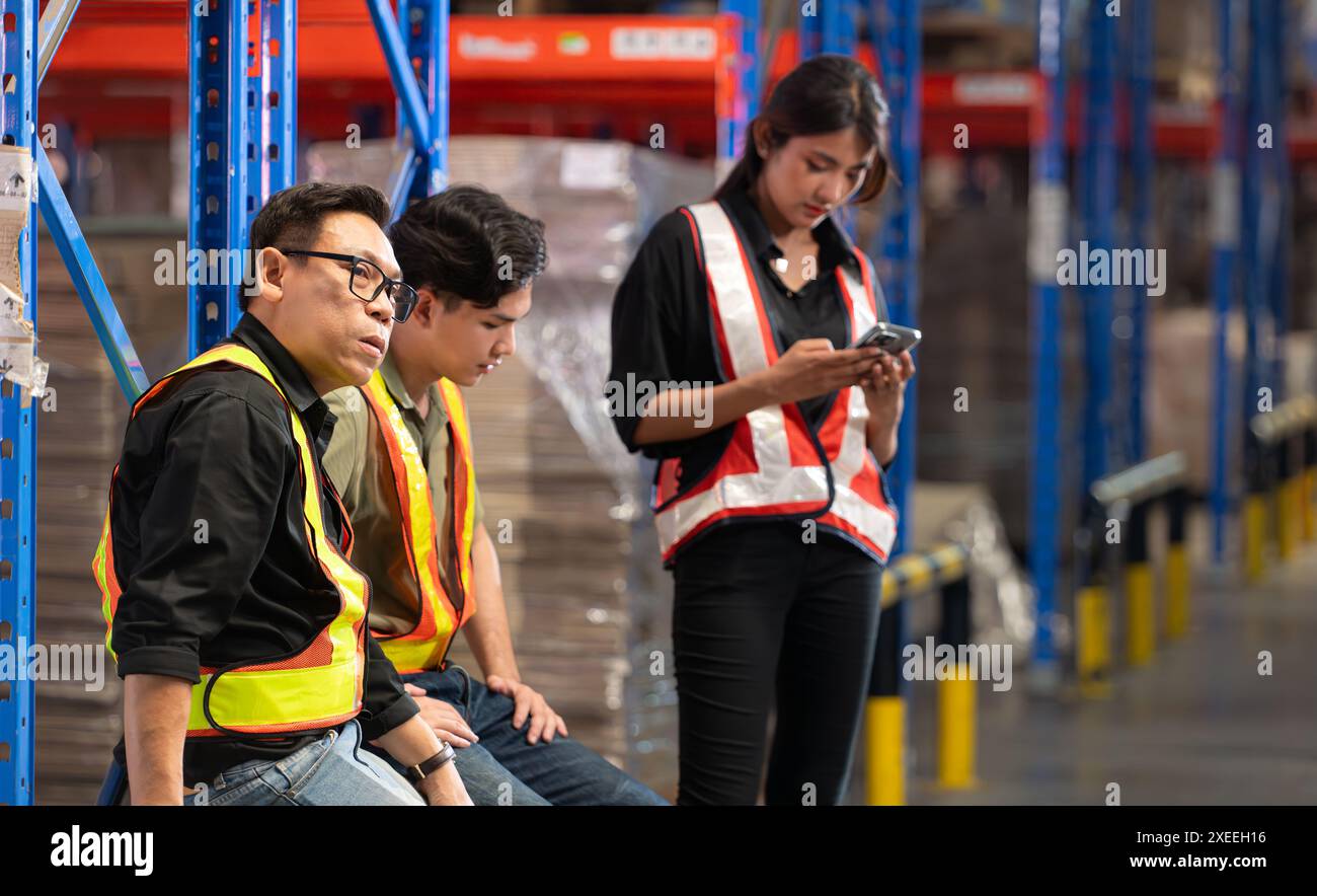 Group of warehouse employee rest comfortably during work Stock Photo ...