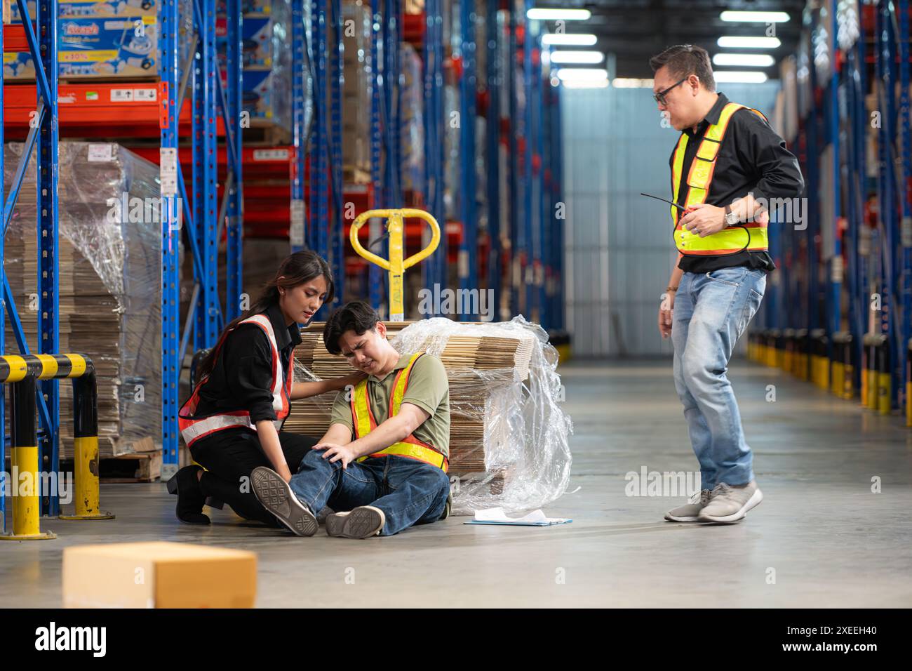 A warehouse employee suffered a leg accident at work Stock Photo - Alamy