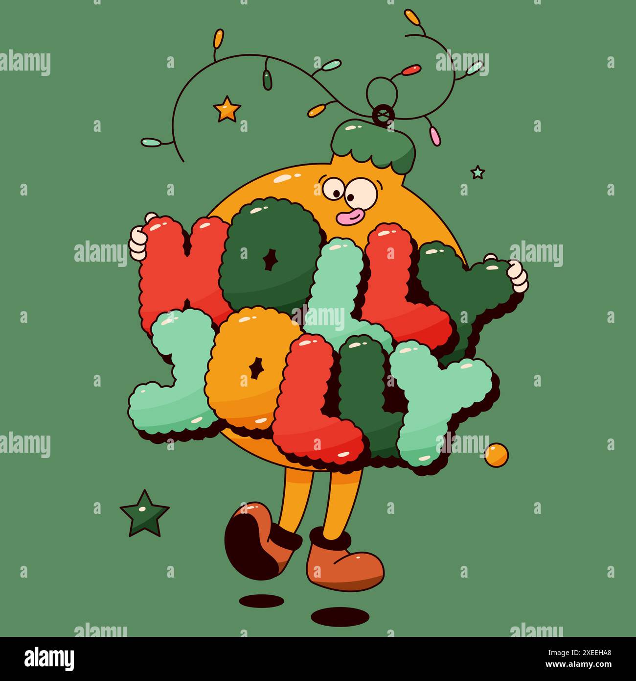 Christmas groovy psychedelic ball with Holly Jolly letters garland and ...