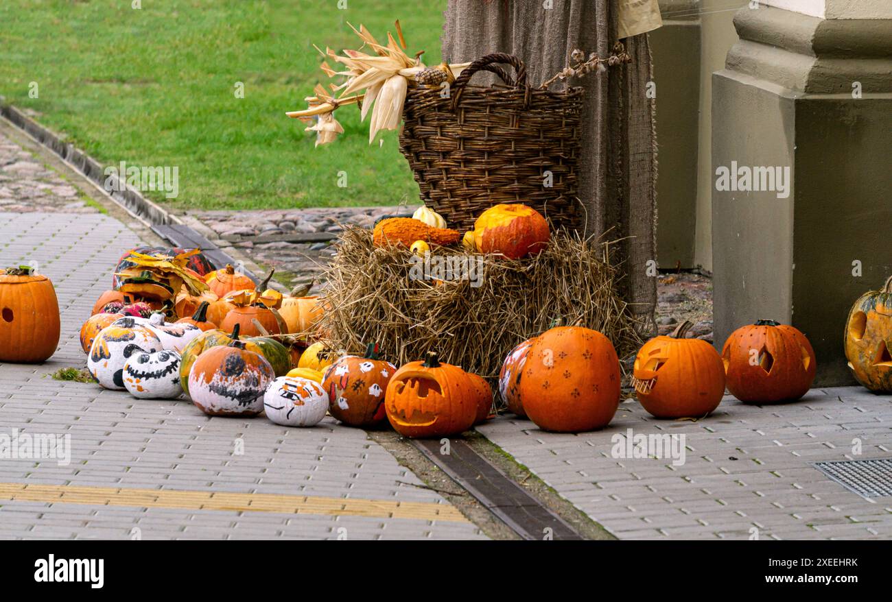 Decorating the city with pumpkins for a holiday in the fall Stock Photo ...