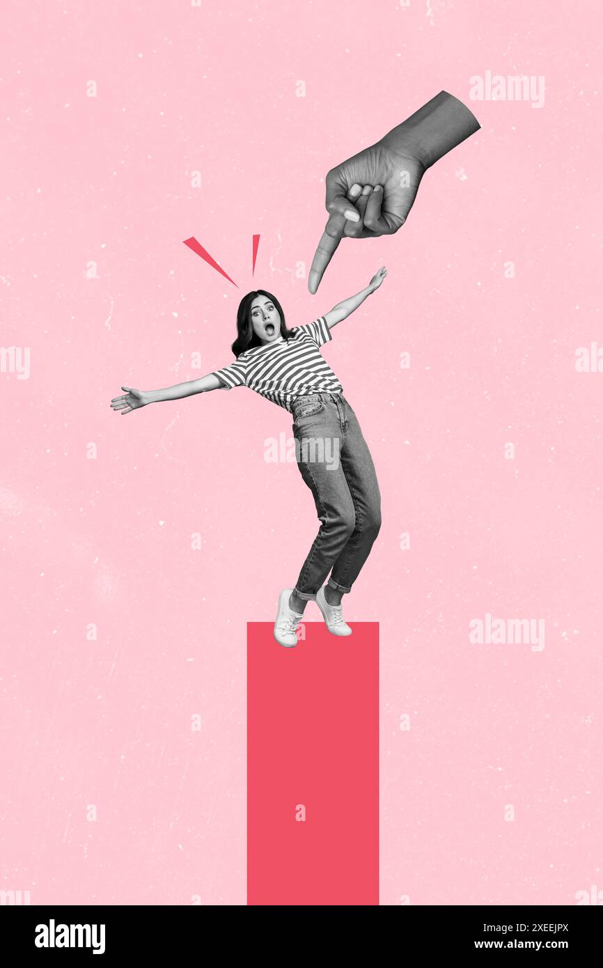 Vertical photo collage of astonished scared girl abuser hand push fall ...