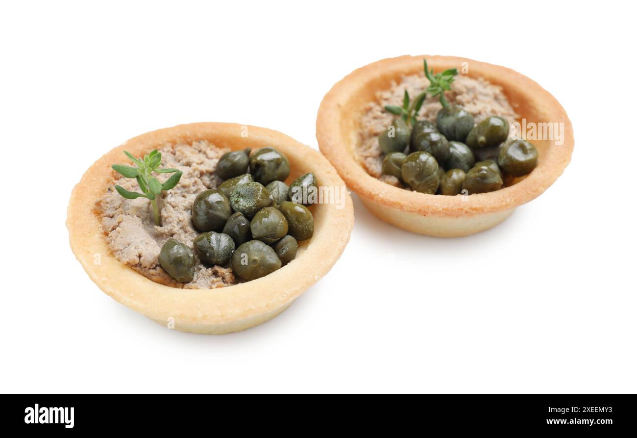 Delicious canapes with pate, capers and microgreens isolated on white ...