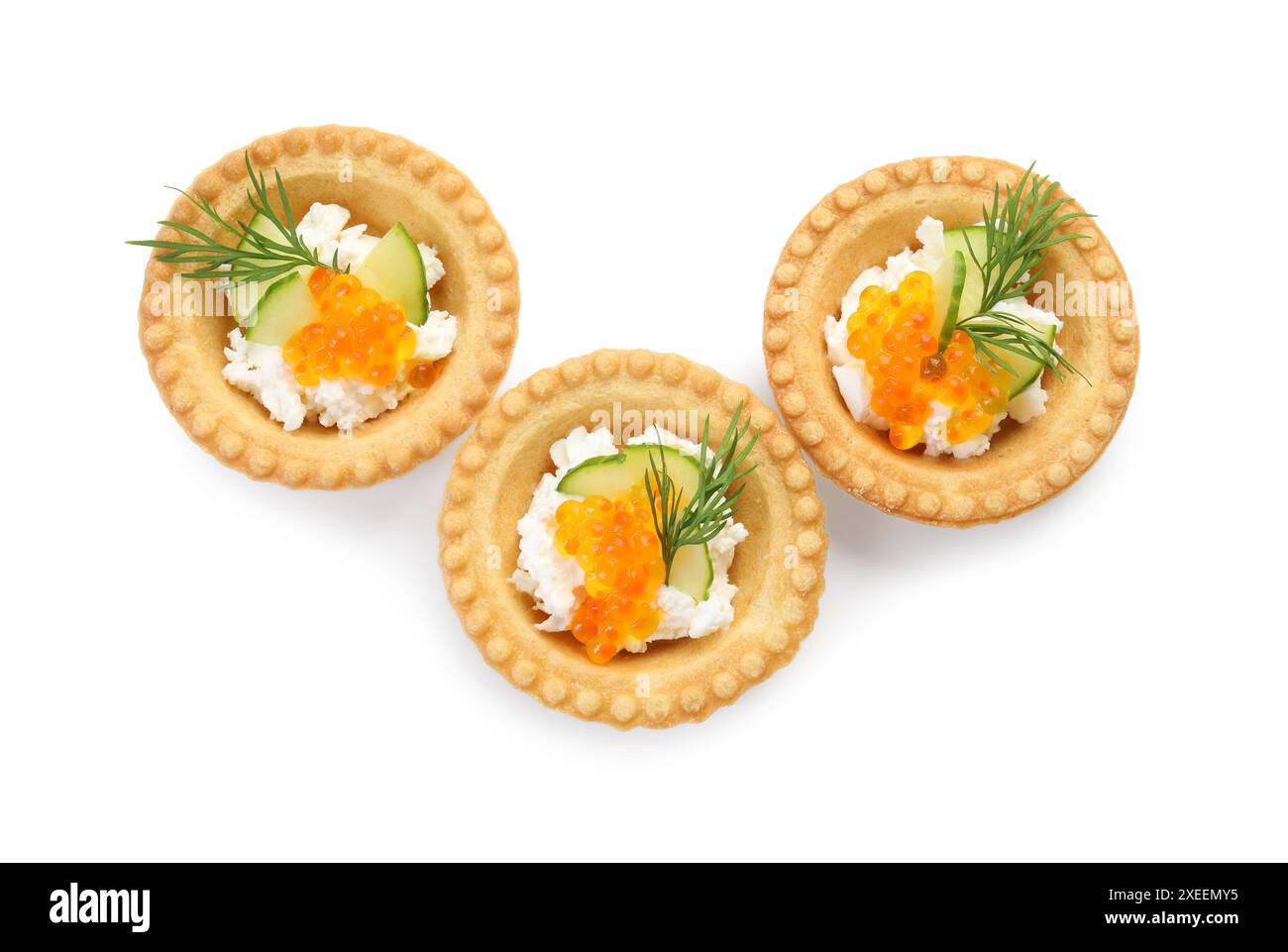 Delicious canapes with red caviar isolated on white, top view Stock ...
