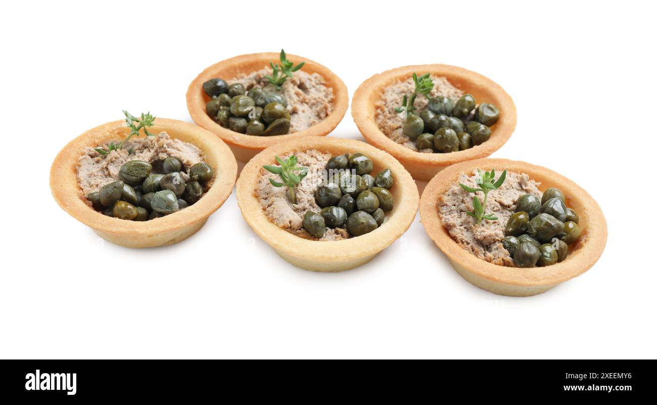 Delicious canapes with pate, capers and microgreens isolated on white ...