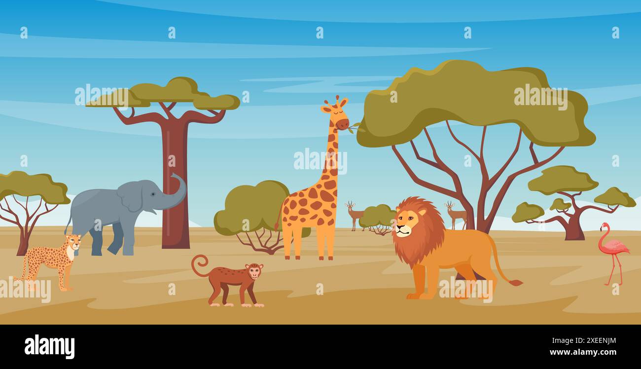 Horizontal African landscape with tropical animals, trees in warm ...