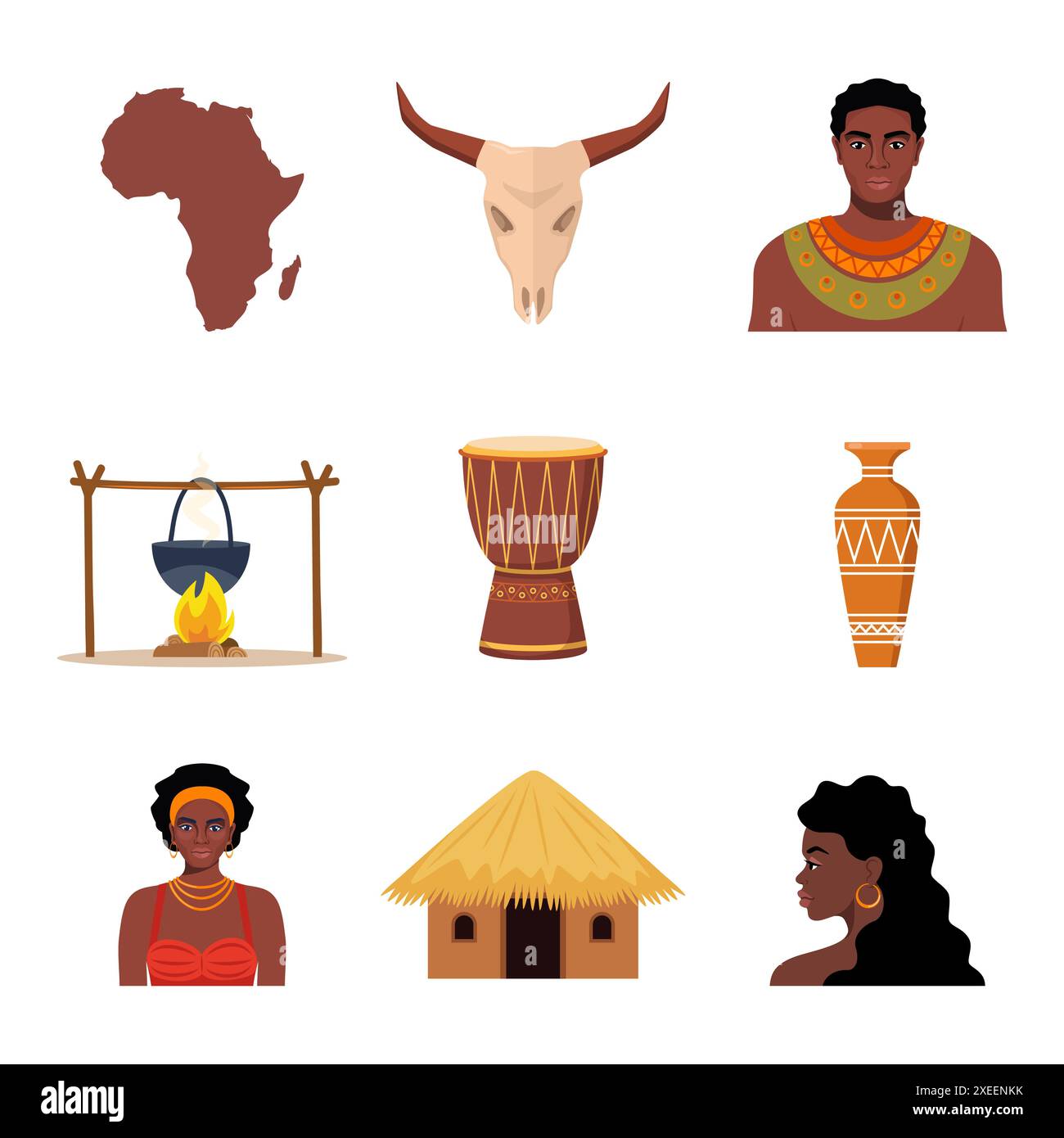 African ethnic style icons. African map, djembe drum, people, animals ...