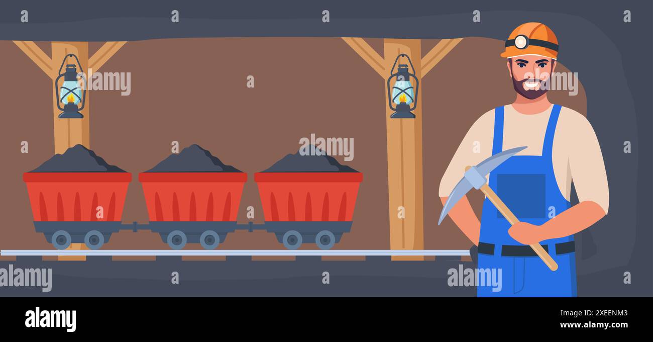 Coal mine tunnel. Trolley with coal in old mining cave interior. Miner ...