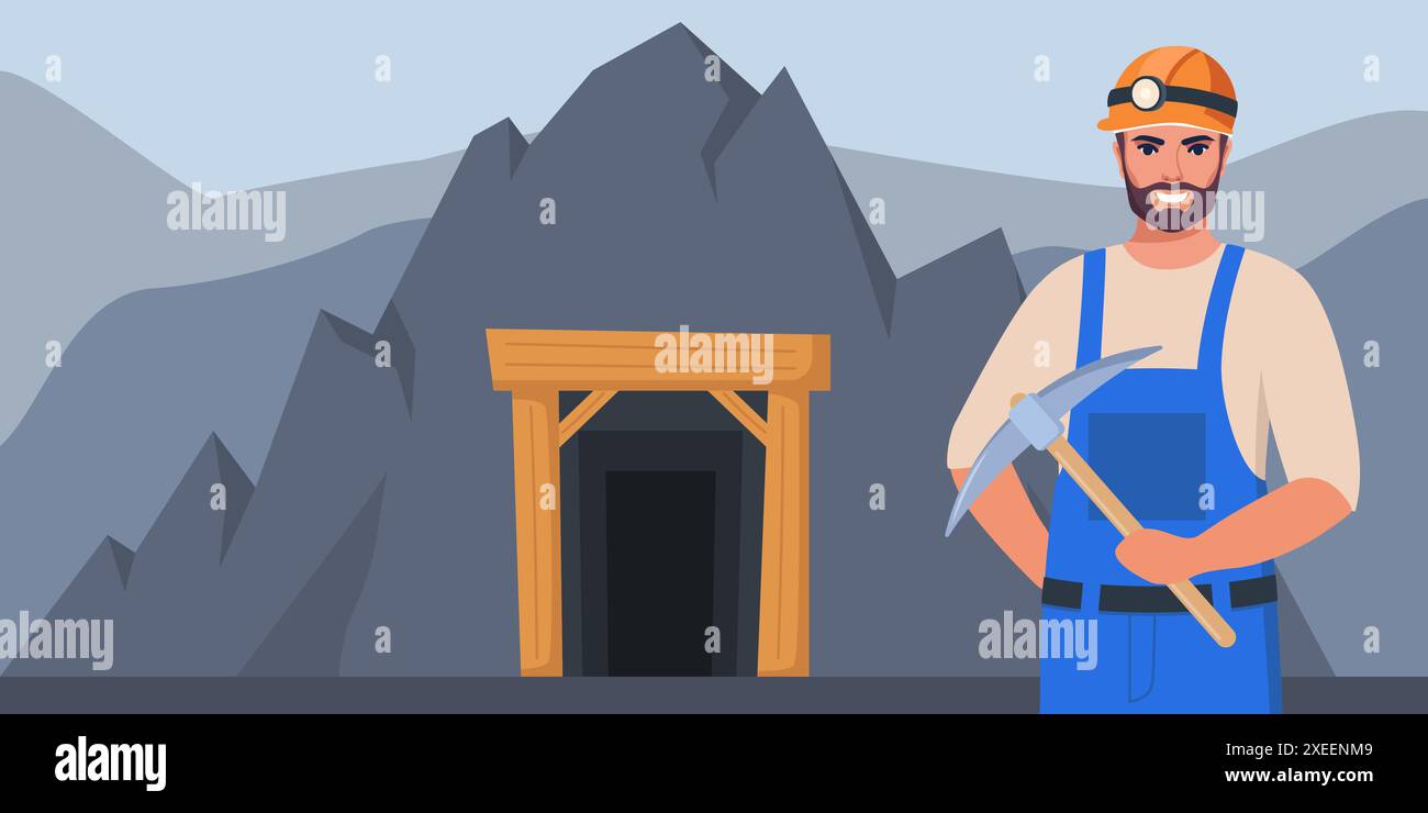 Mine cave entrance. Miner man character, coal or minerals mining ...