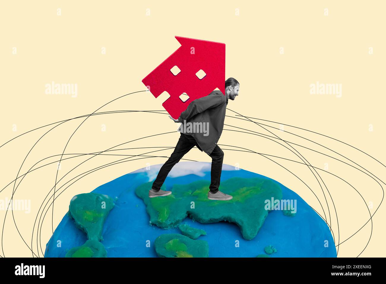 Composite photo collage of dissatisfied man carry big house building ...