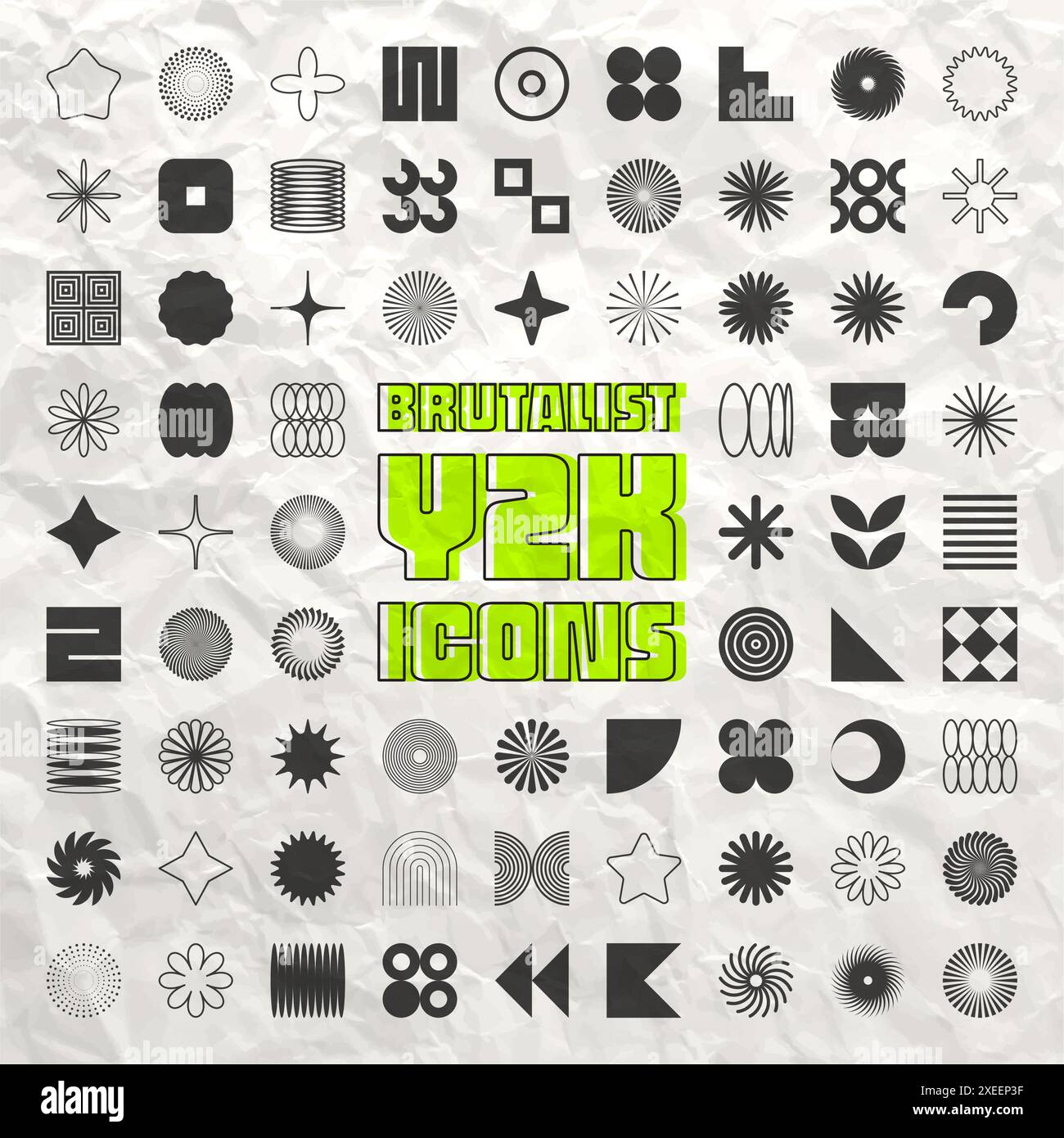 Brutalist geometric shapes, symbols. Simple primitive elements and forms, crumpled paper texture ...