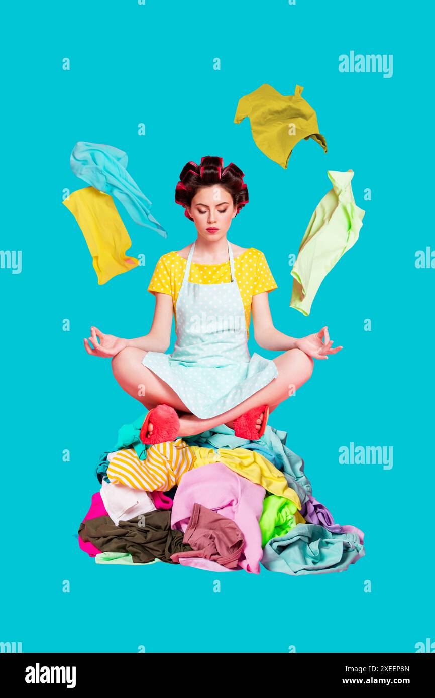 Vertical poster image young housekeeper woman laundry bunch clothes ...
