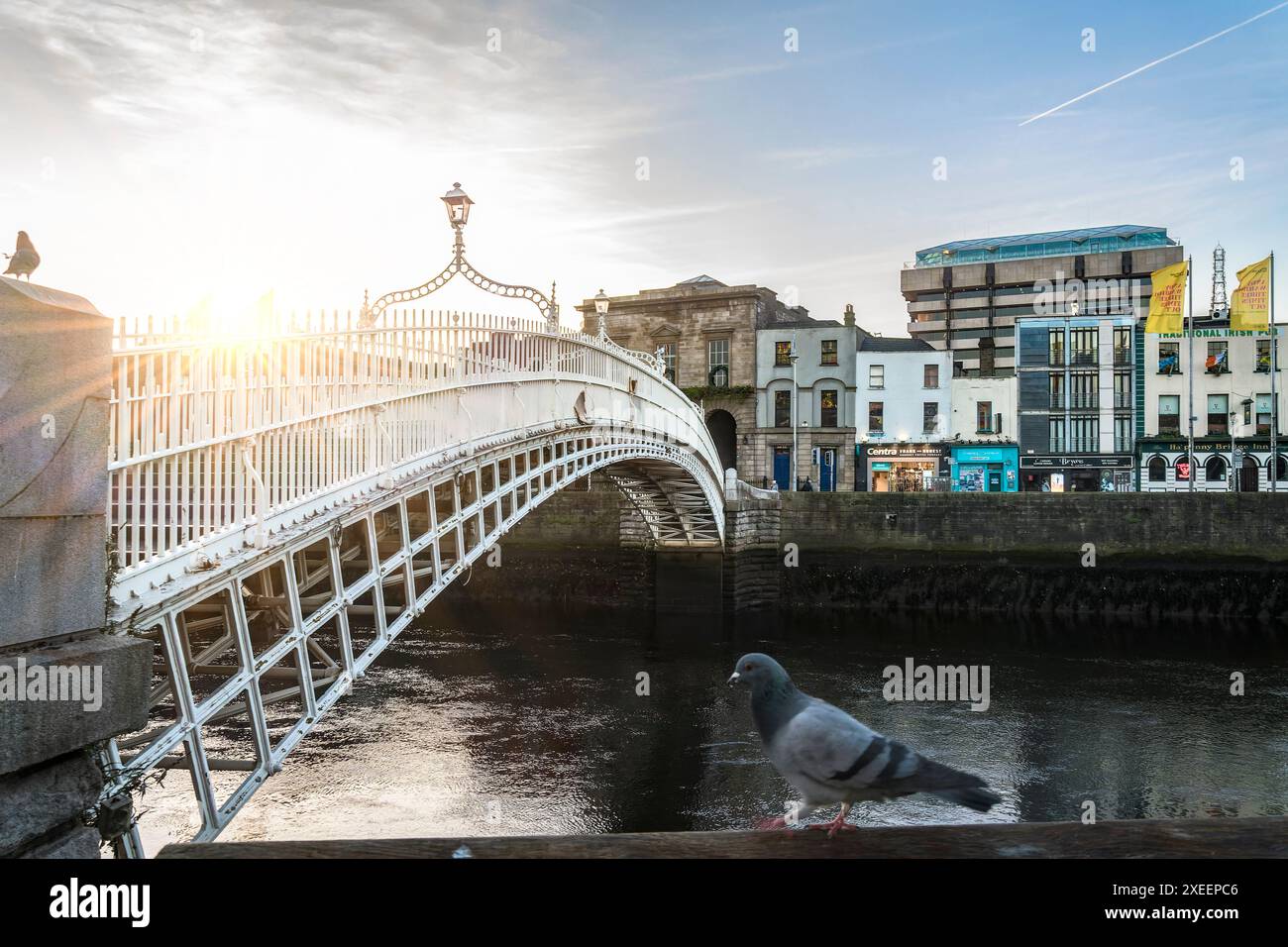 Pedestrian Half Penny Bridge (Ha'penny Bridge), which crosses the River Liffey in Dublin city ...