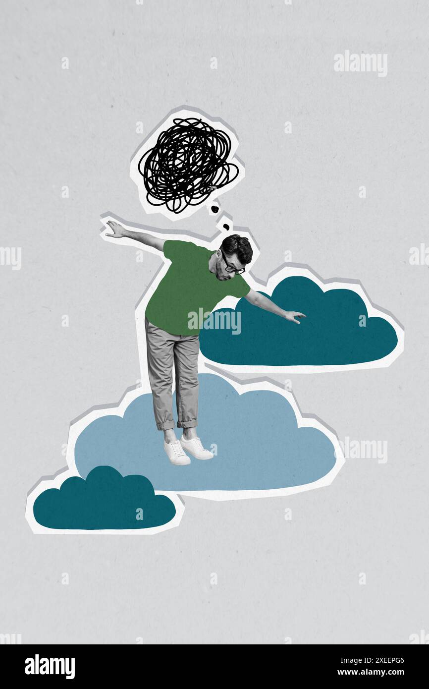 Vertical photo collage of panic man step cloud fall text box scribble ...