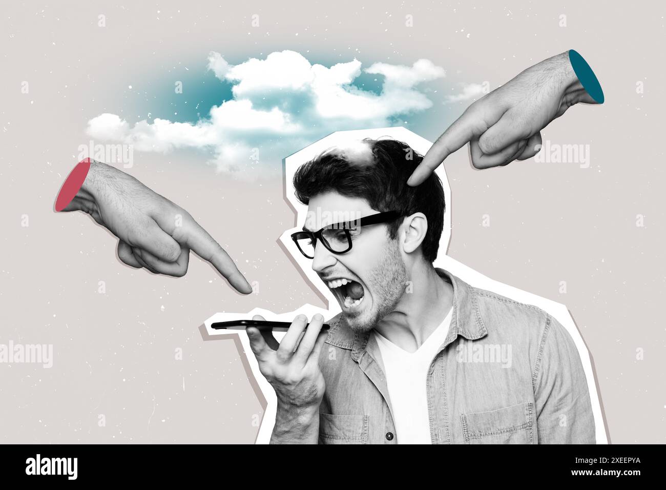 Composite photo collage of angry man hold iphone device scream ...