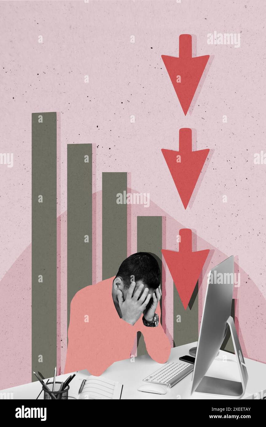 Vertical photo collage of upset businessman hold head work failure sit ...