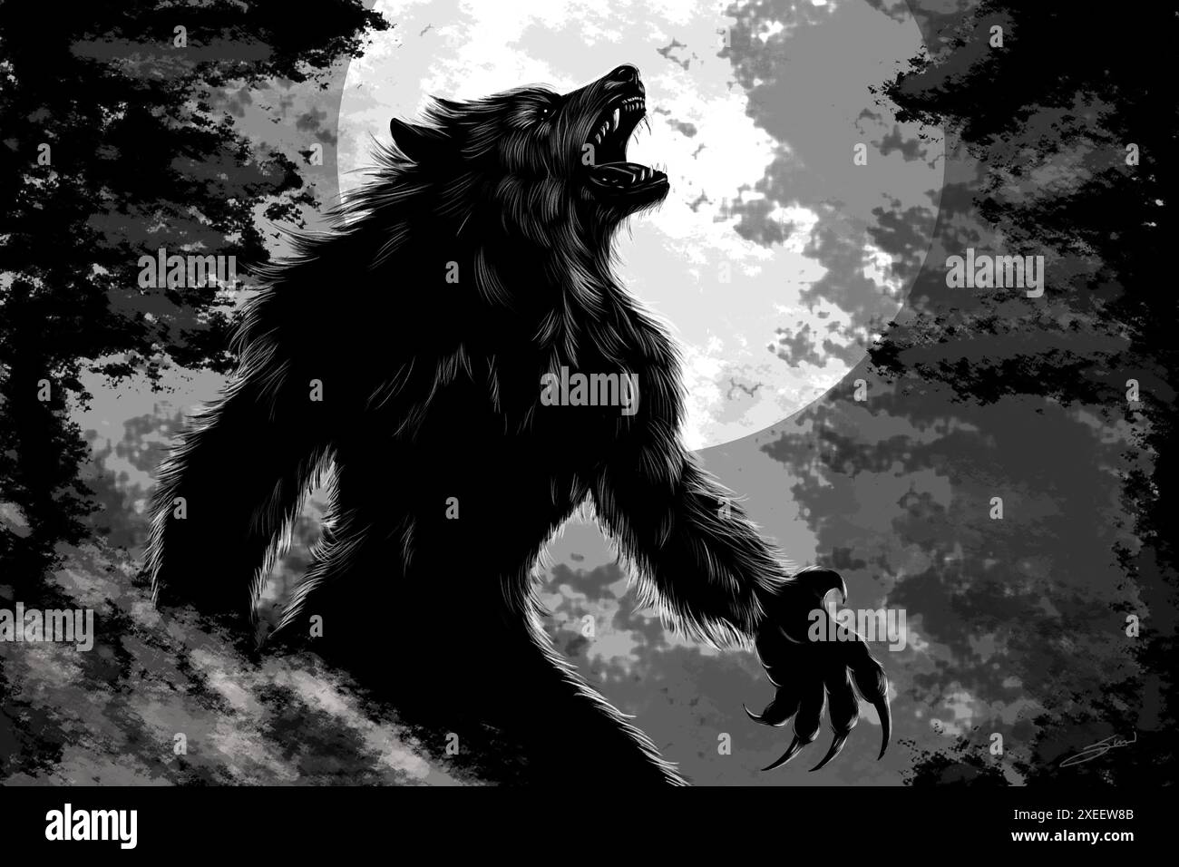 A menacing werewolf howling against a full moon backdrop in a dark ...