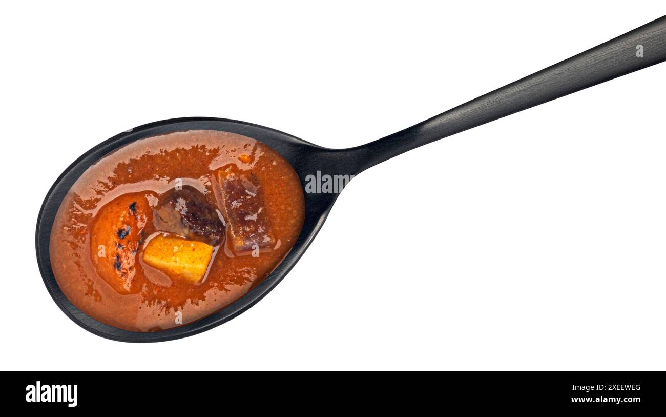 Beef stew in spoon isolated on white background, top view Stock Photo ...