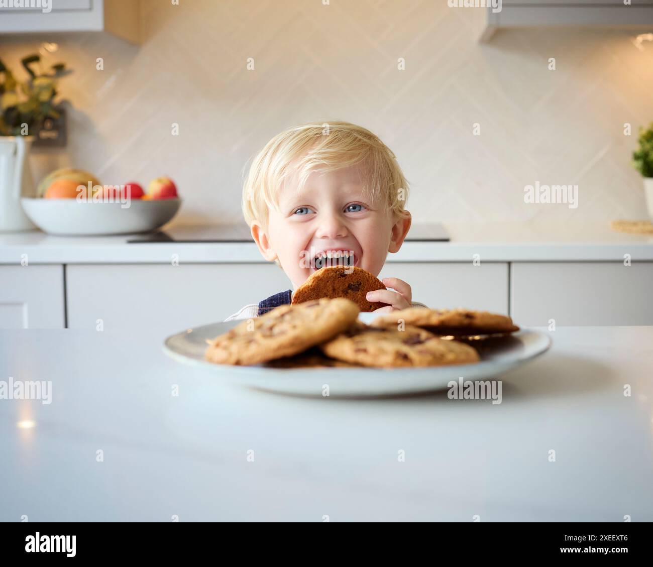 Mischievous Young Boy Eating Giant Cookie From Plate In Kitchen At Home ...