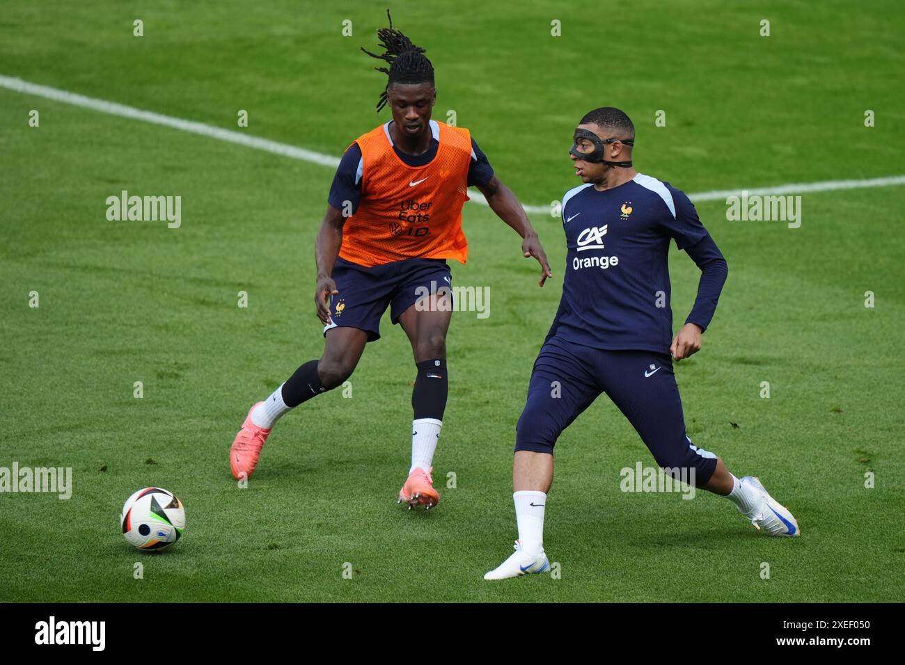 France's Eduardo Camavinga (left) and Kylian Mbappe during a training ...