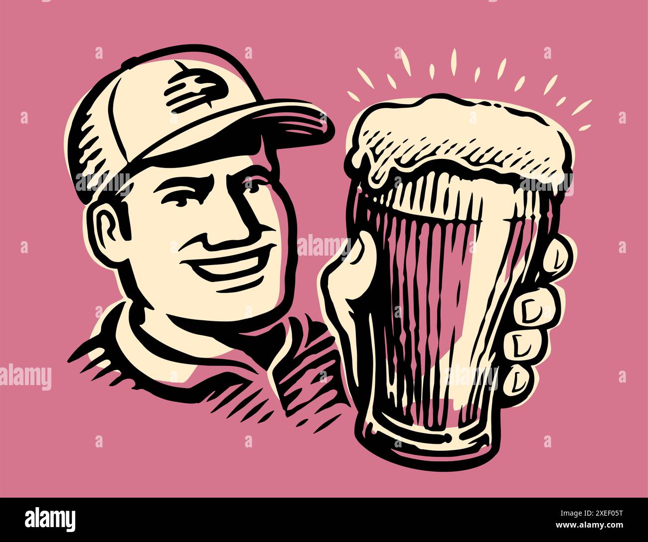 Happy man with a glass of beer. Pub, brewery concept. Fresh ale, alcoholic drink vector ...