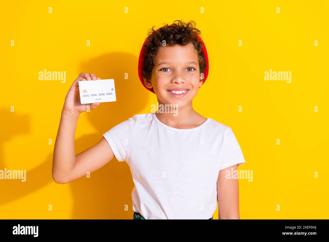 Photo portrait of adorable little boy hold credit card dressed stylish ...